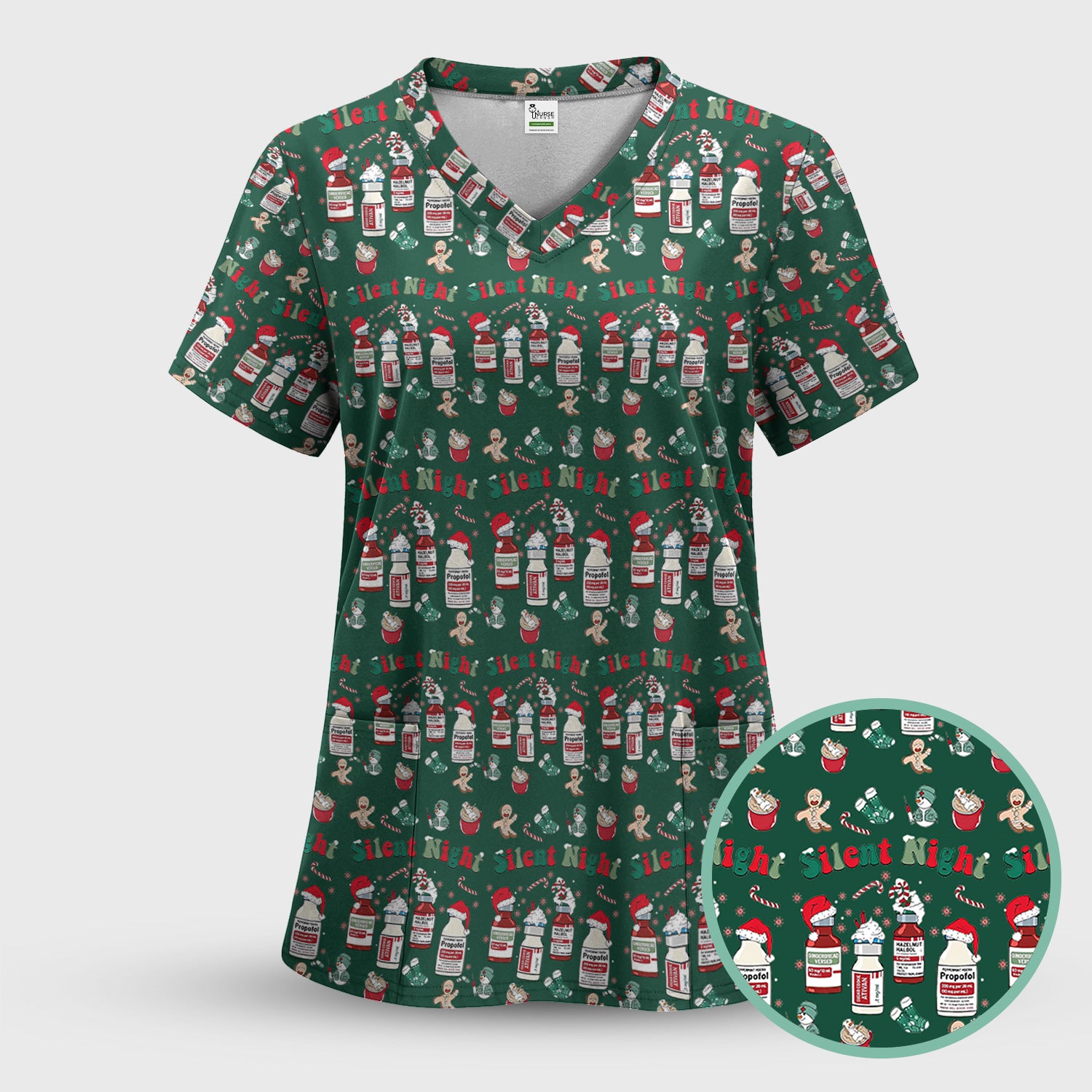 Funny Nurse Christmas Scrub Top - Silent Night & Medication Design - H ...