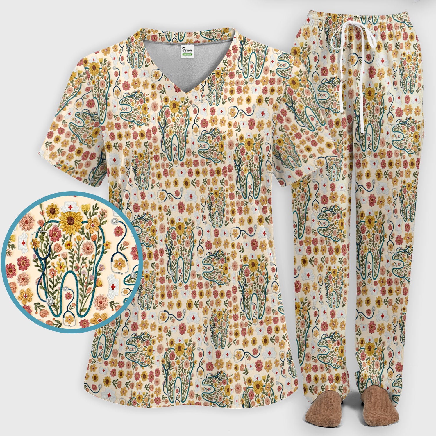 Boho Floral Tooth Scrub Set - Aesthetic Dental Scrubs Pants and V Neck ...
