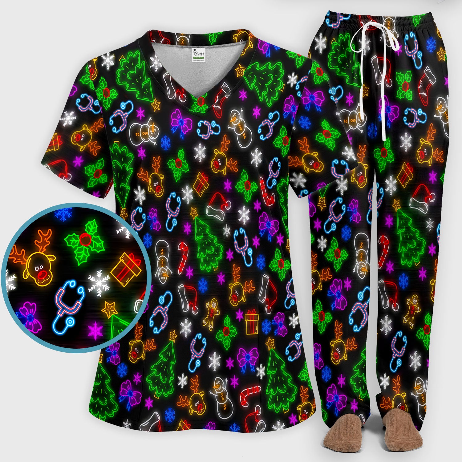 Neon Reindeer Scrub Set for Nurse - Funny Gingerbread Santa Christmas ...