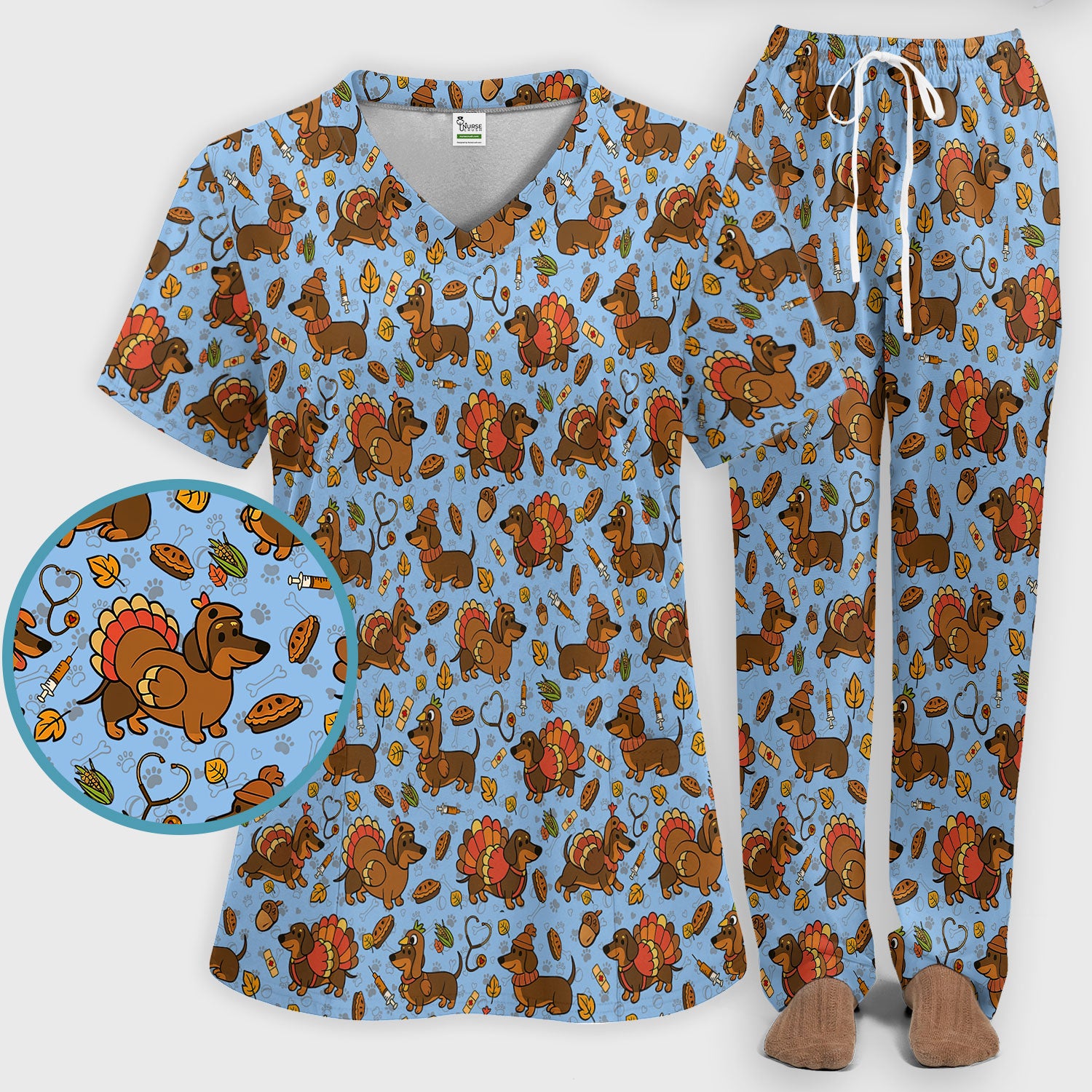 Thanksgiving Wiener Dog Scrub Set - Funny Dachshund Turkey Scrubs Pant ...