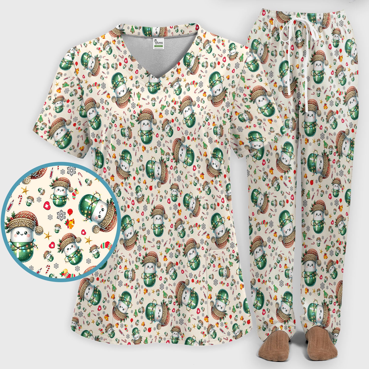 Pharmacy Tech Christmas Scrub Set – Cute Green Snowman Print Nurse Out ...