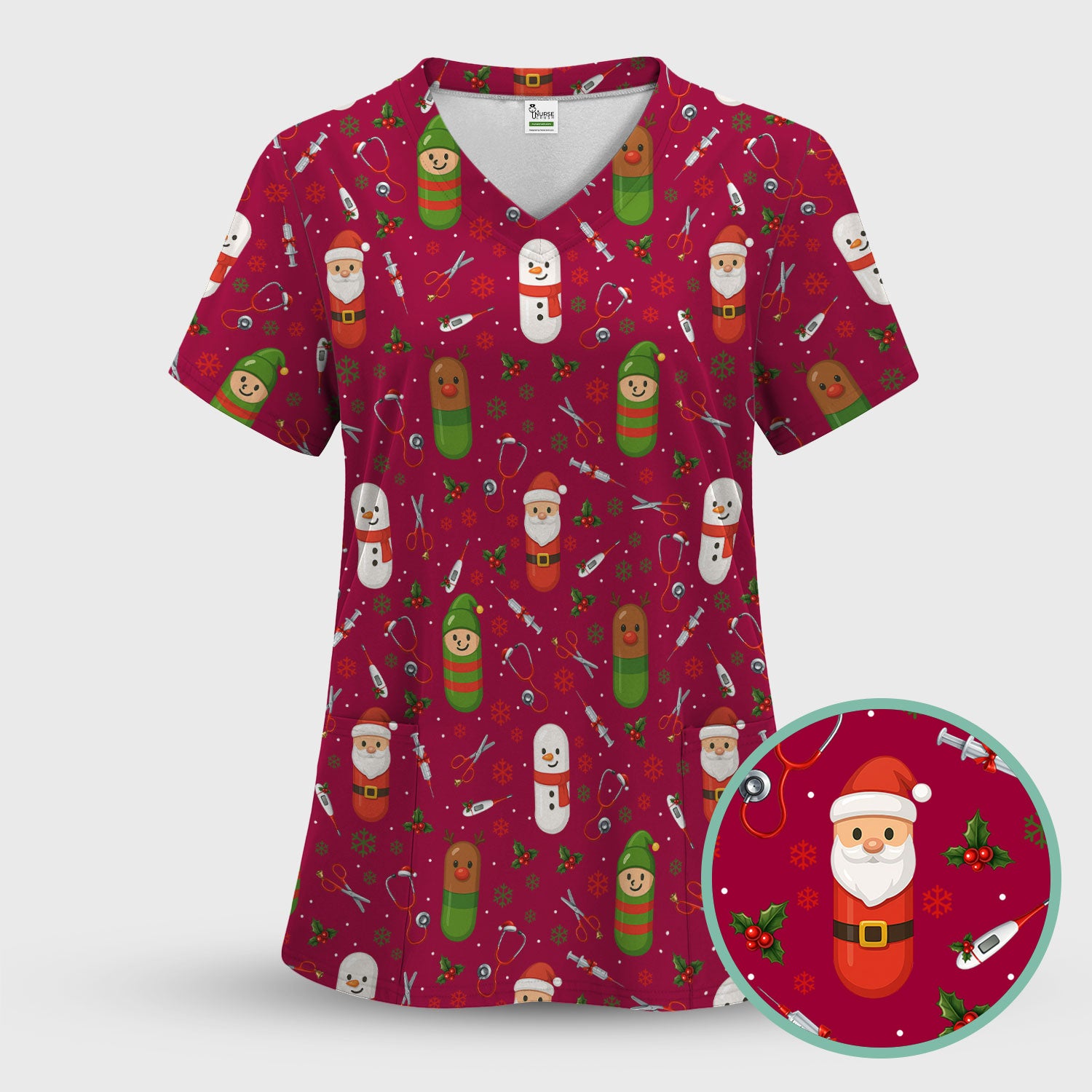 Santa Christmas Scrubs Set - Fun Holiday Pattern with Reindeer and Sno ...