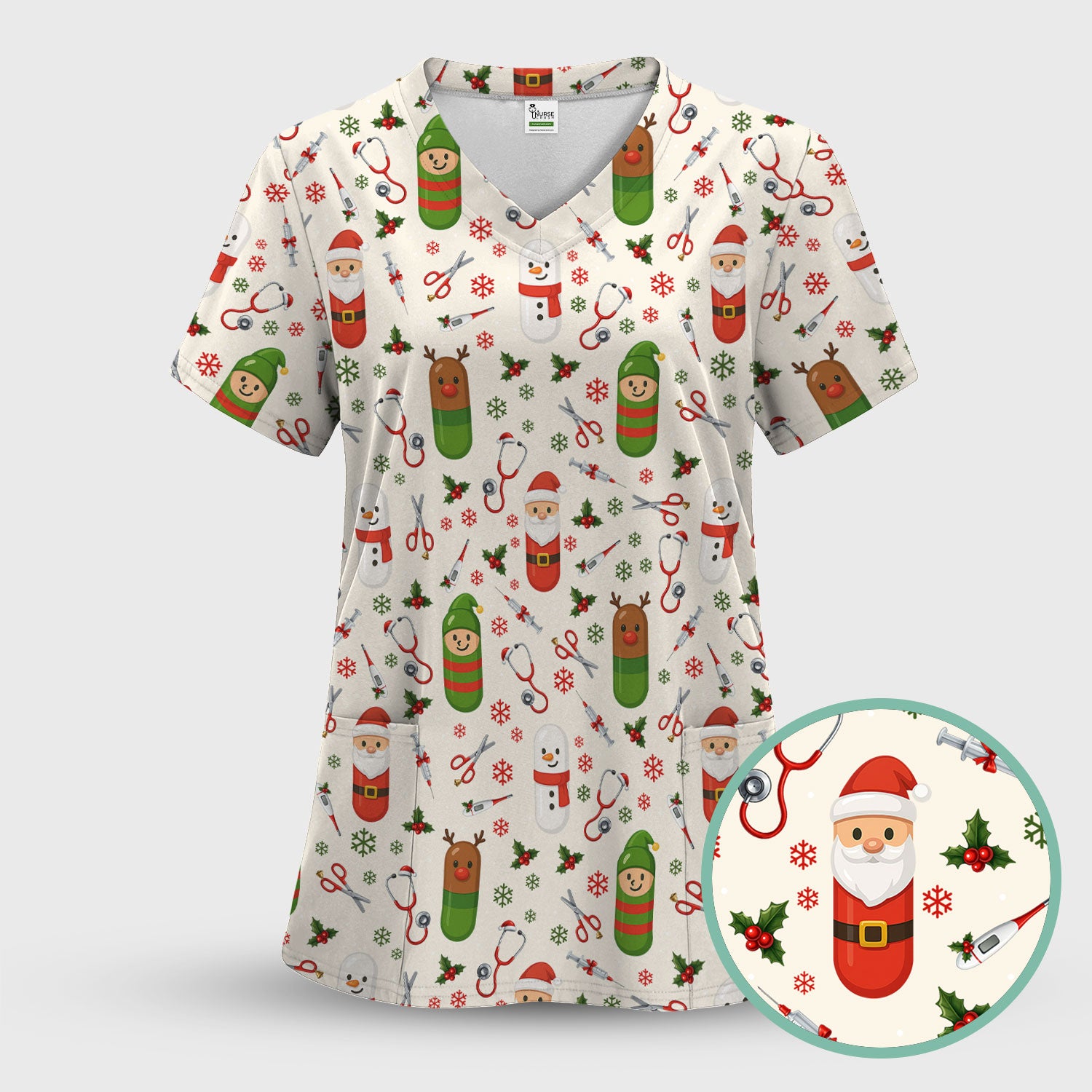 Christmas Scrub Top for Nurses – Cute Santa and Medical Tools Pattern ...