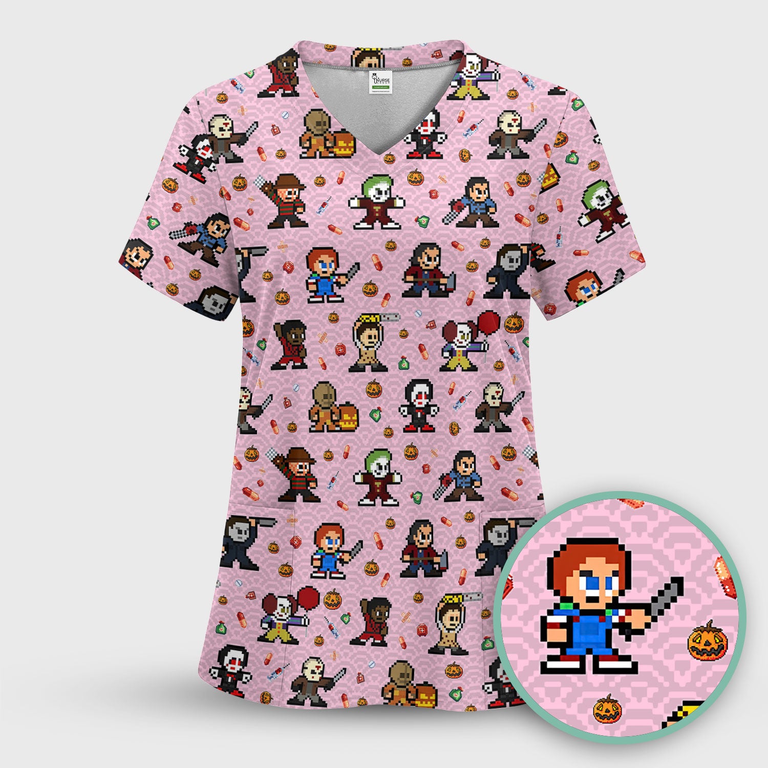 Halloween Horror Movie Scrub Top - Scary Character Med Uniform - Comfo ...