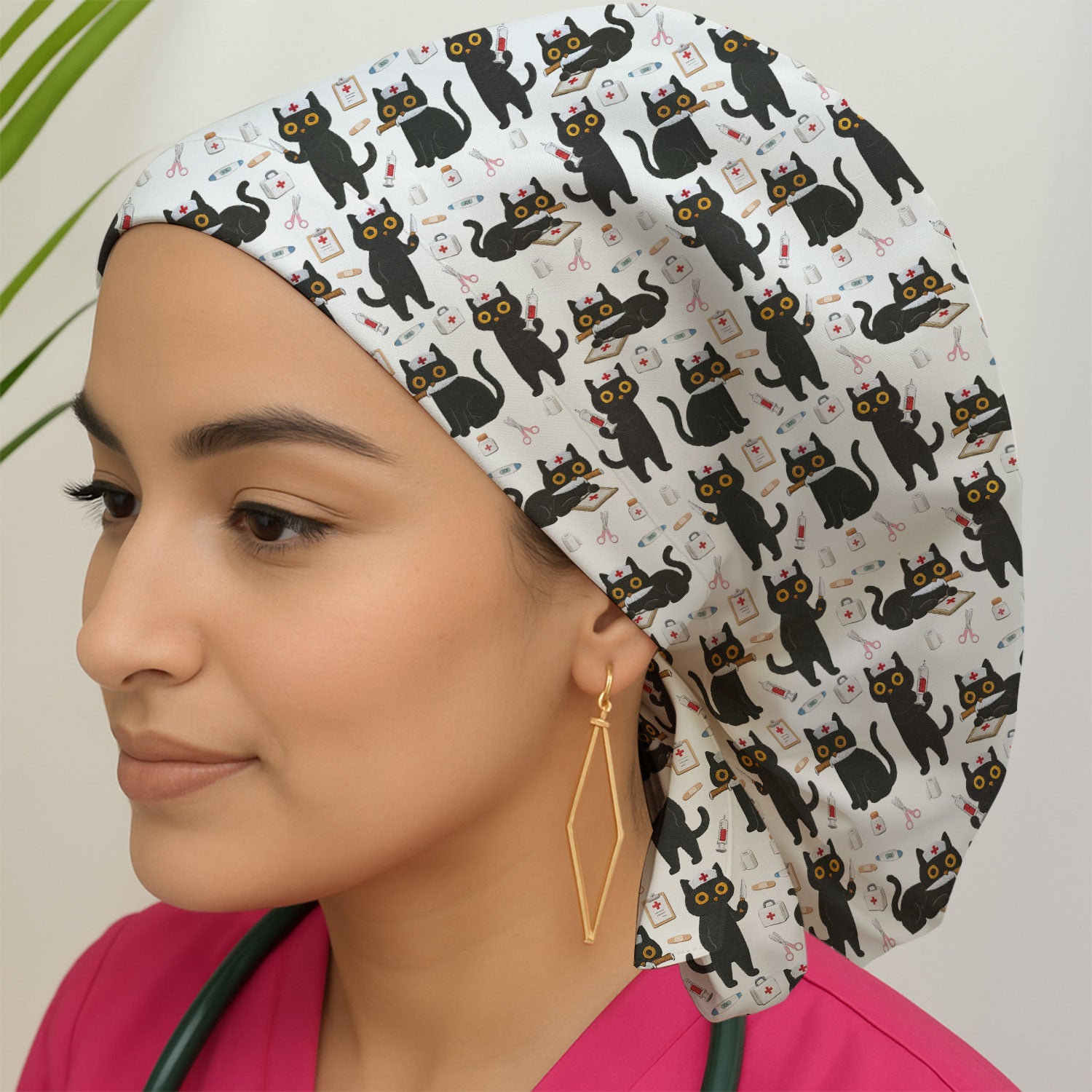 Cute Black Cat Nurse Pattern Cap, Bouffant Scrub Caps for Women ...