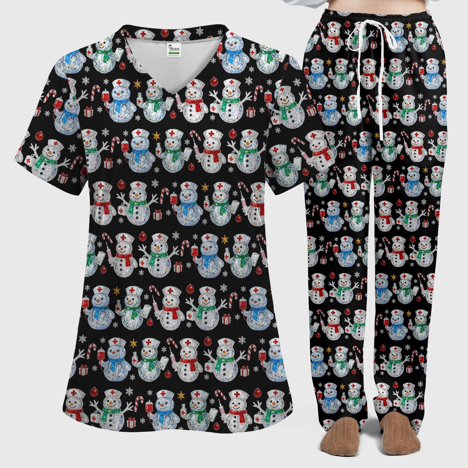 Nurse Snowman Christmas Scrub Set, Cute Holiday Medical Pattern Shirt ...