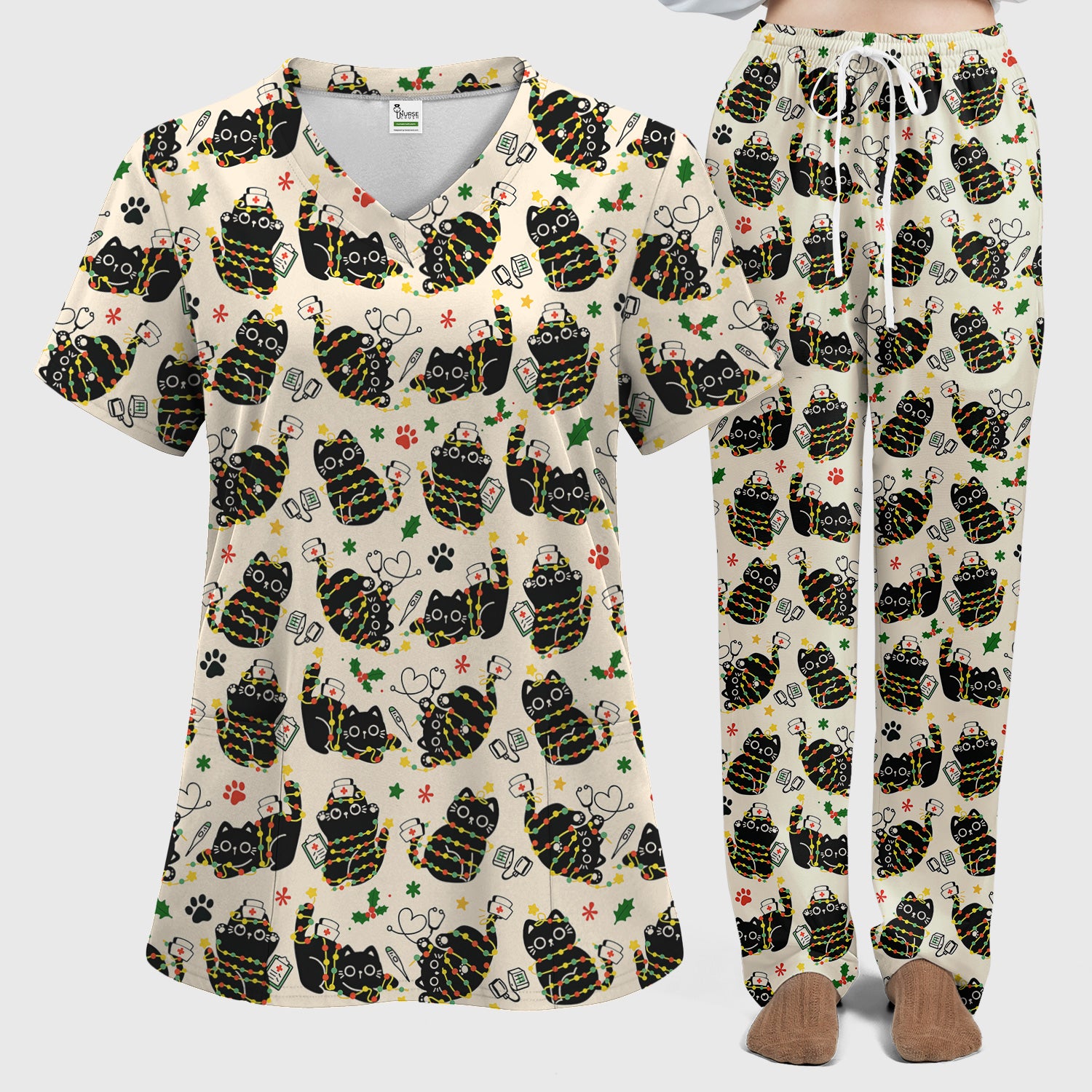 Black Cat Christmas Scrub Set – Nurse & Holiday Lights Pattern Shirt ...