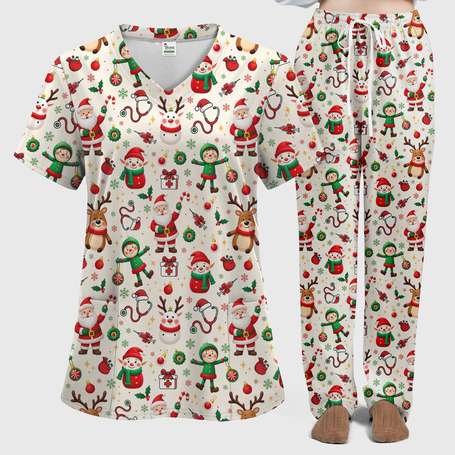Santa Christmas Scrub Set - Cute Reindeer Scrubs Pants and V Neck Top ...