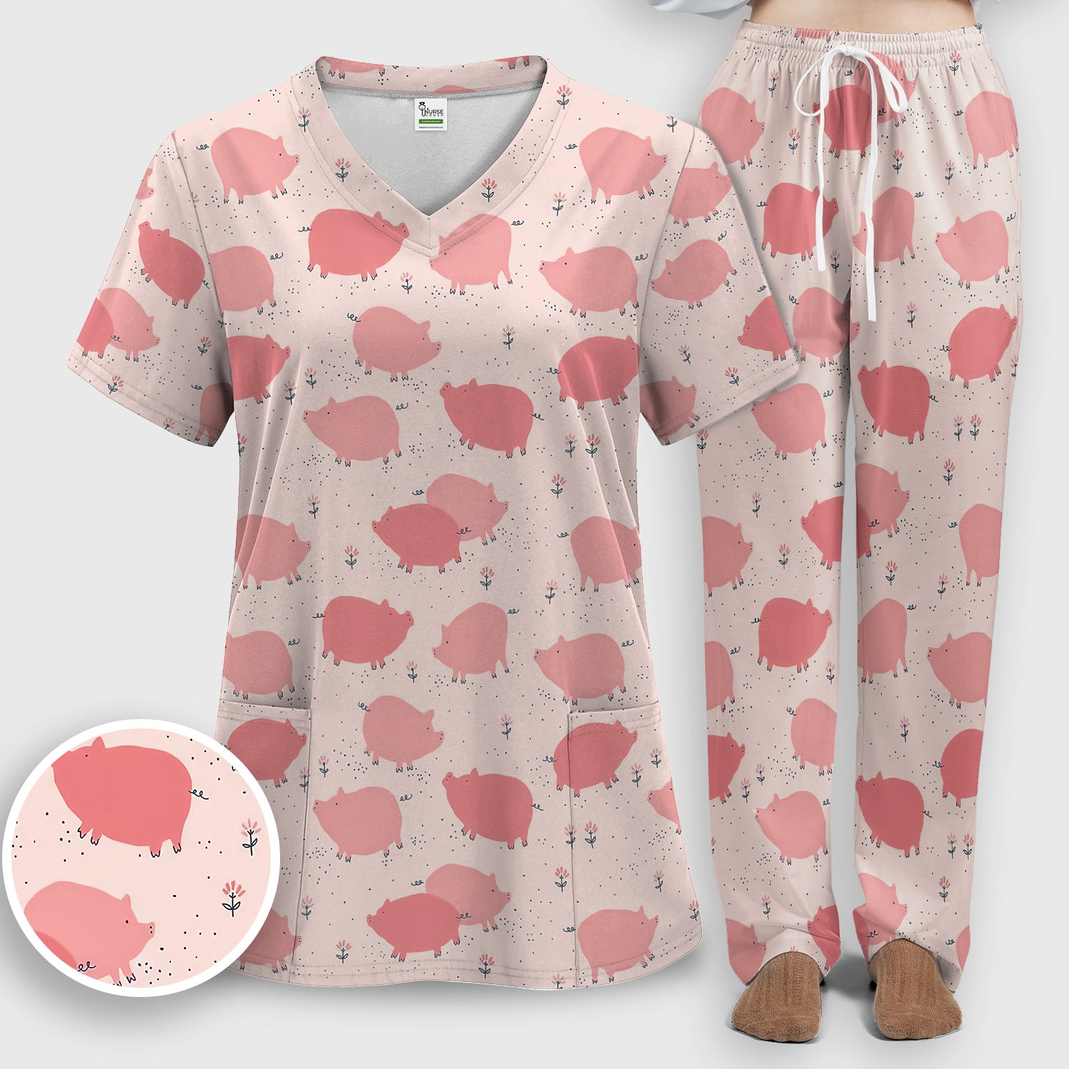 Pink Pig Farm Pattern Scrub Set, Scrub Pants and V Neck Top – NurseCrush