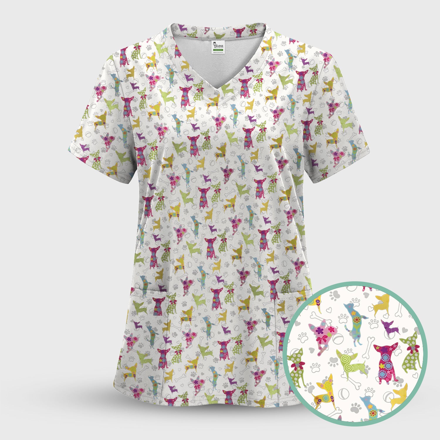 Colorful Playful Dog Print Nurse Scrub Top, Comfortable Scrubs for Nur ...