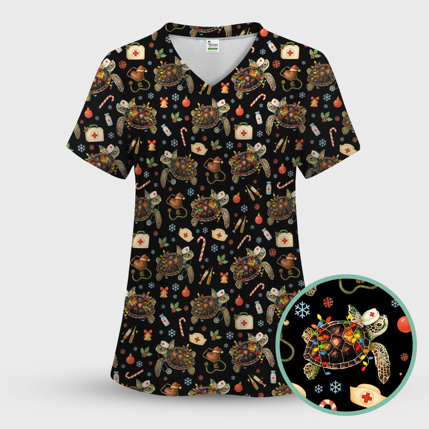 Funny Christmas Scrub Top - Sea Turtle with Xmas Lights Shirt - Holida ...