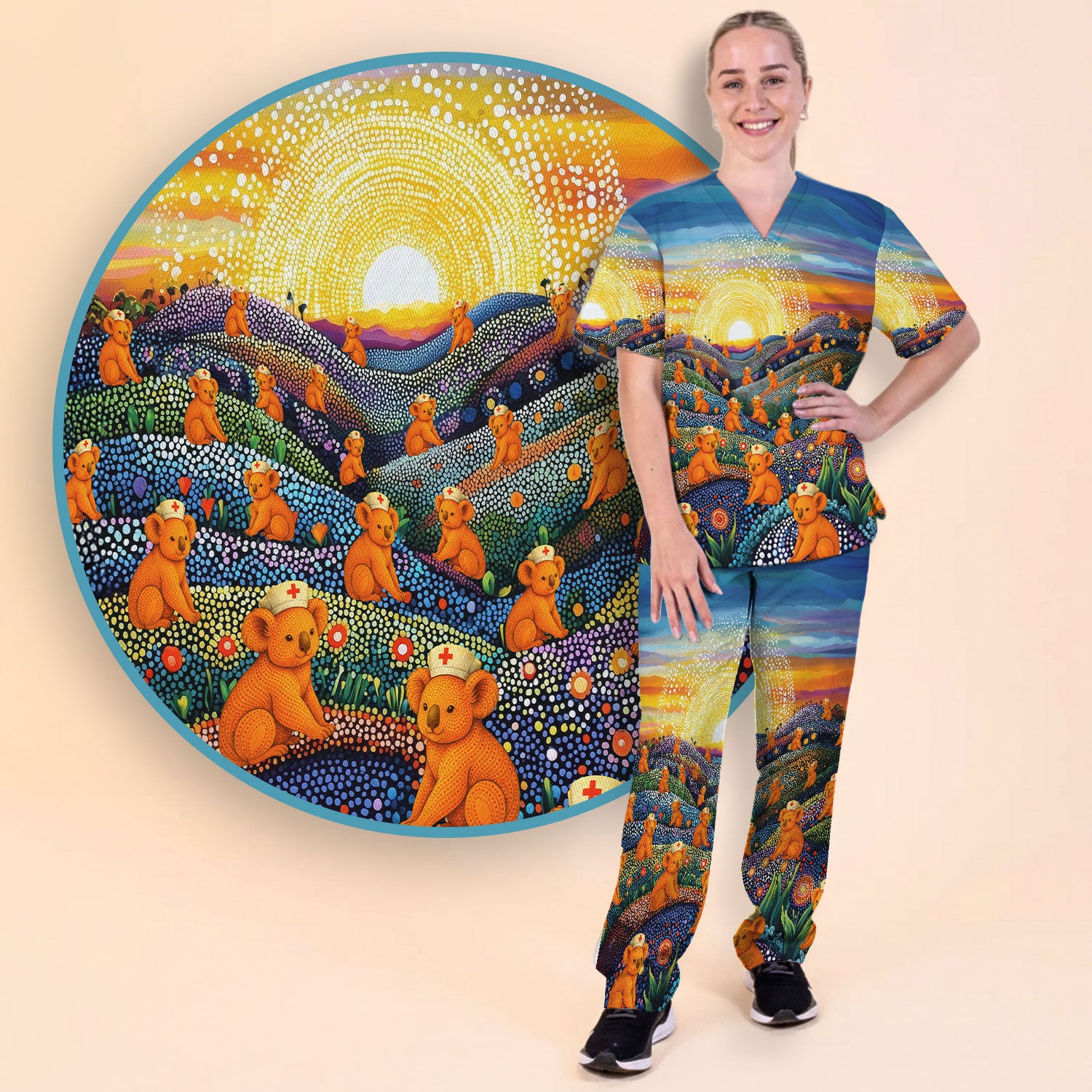 Australian Koala Dot Art Inspired Nurse Scrub Set - Women Uniform ...