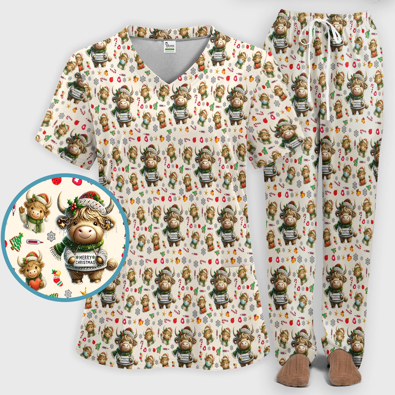 Highland Cow Christmas Scrub Set, Festive Cow Print Nurse Outfit, Holi ...