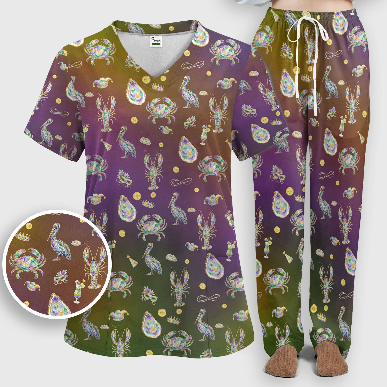 Mardi Gras Seafood Nurse Scrub Set, Comfortable Uniform Scrubs For Nur ...