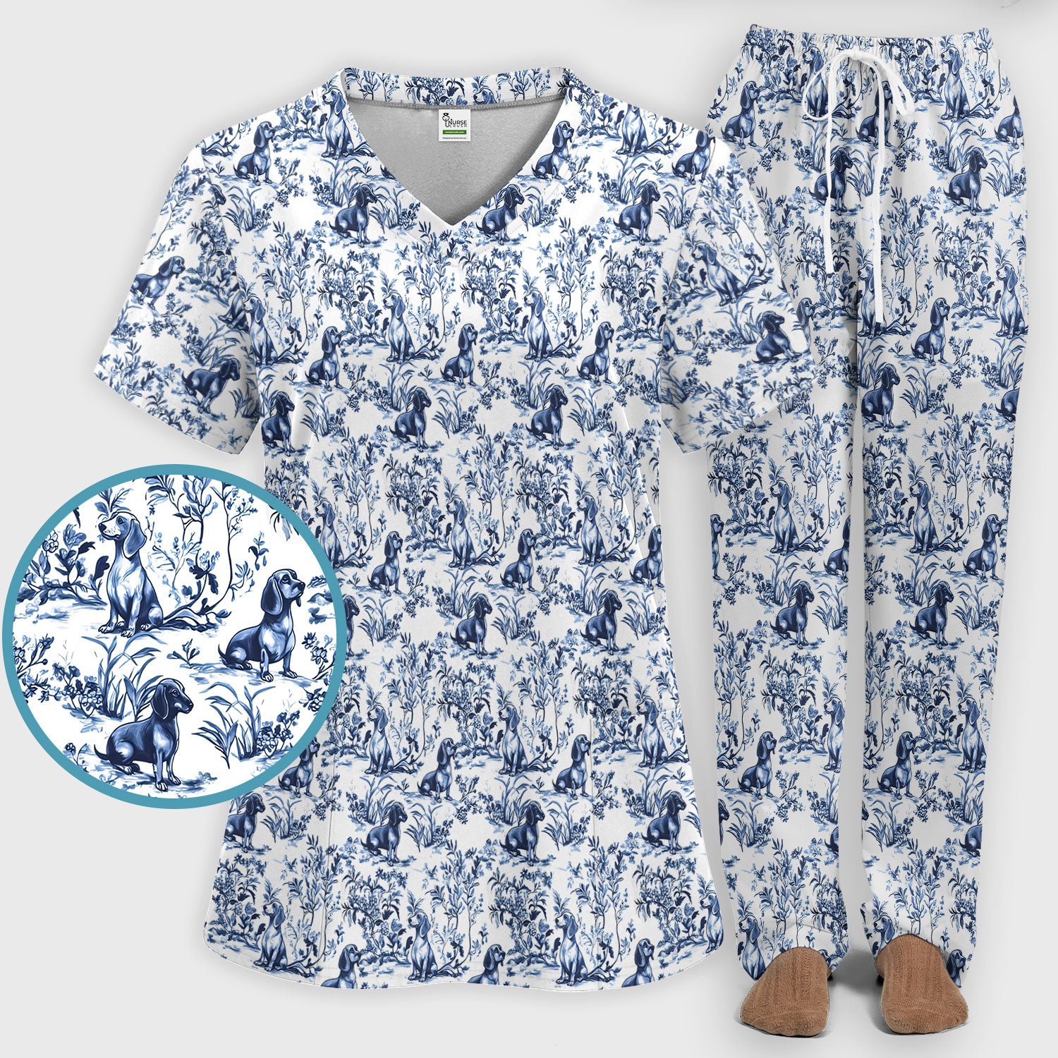 Toile de Jouy Dog Scrub Set – Elegant Blue Dachshund Pattern – Cute Me ...