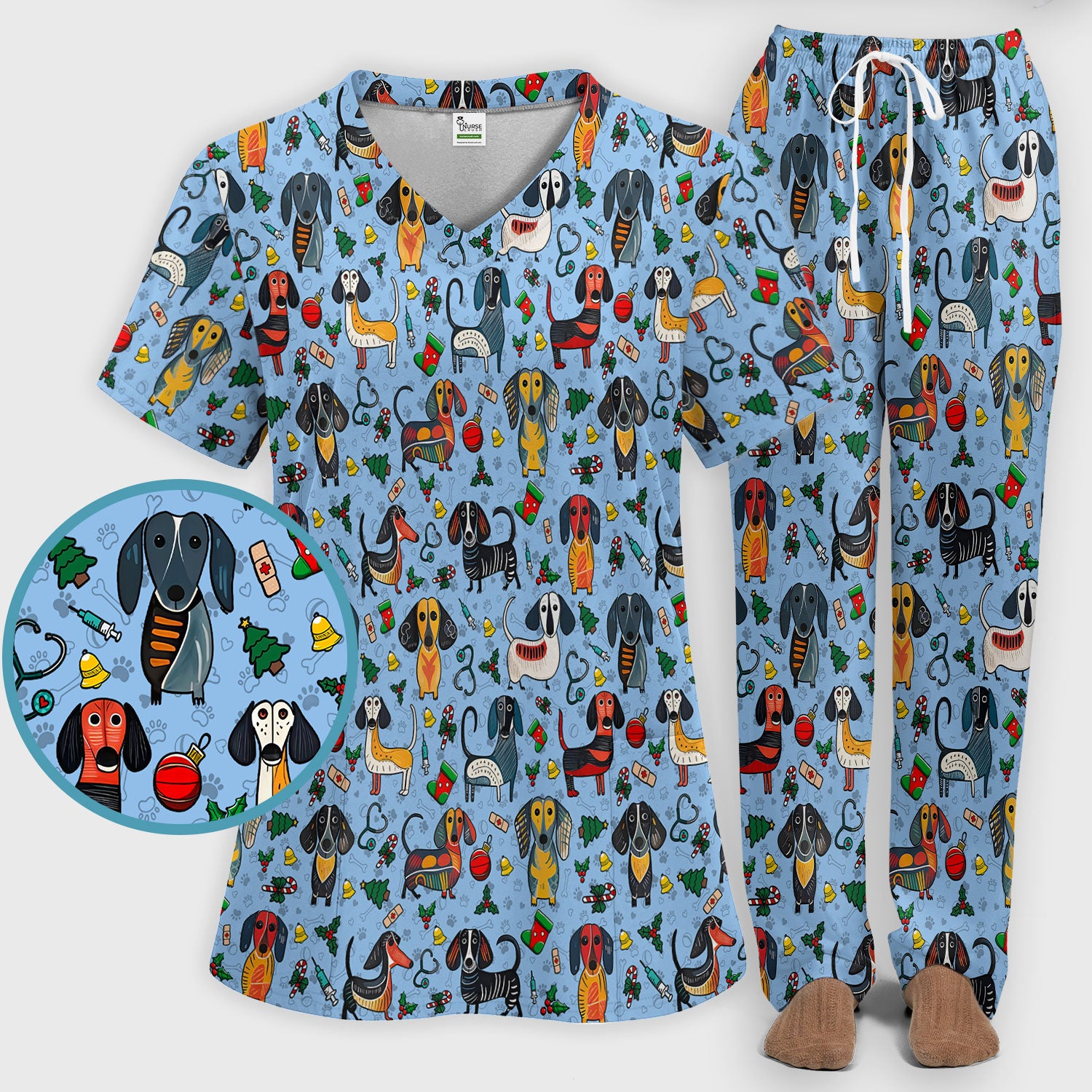 Christmas Wiener Dog Scrub Set - Funny Sausage Dog Pants and V Neck To ...
