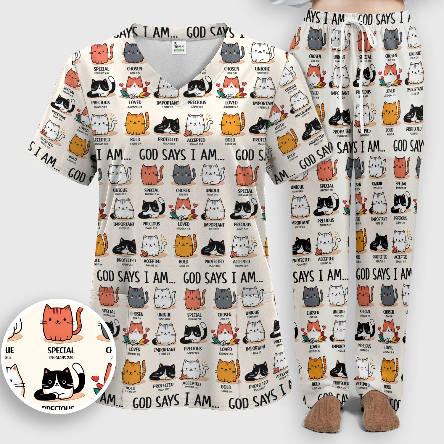 Cute Christian Cat God Says I Am Women's Scrub Set, Breathable Med Uni ...