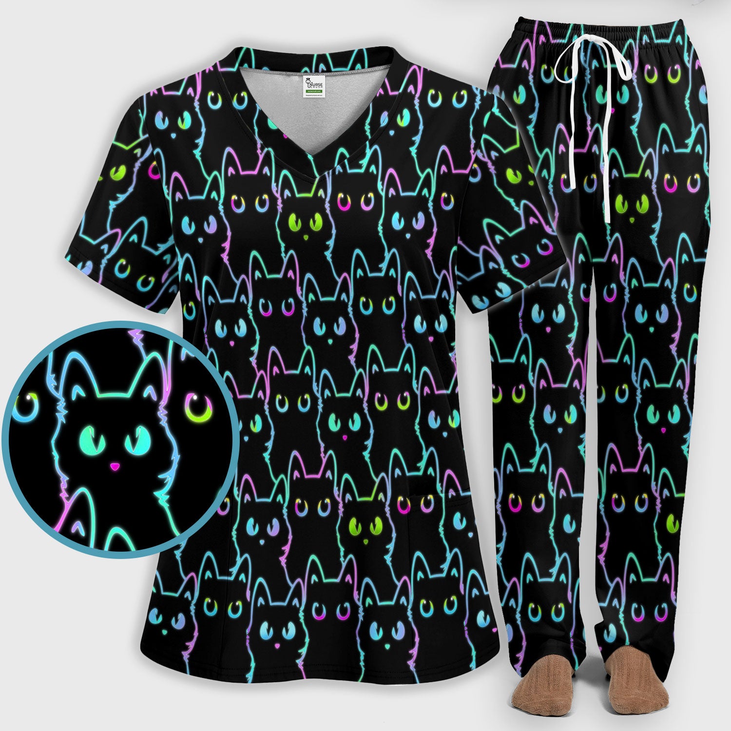Neon Cat Pattern Scrub Set, Black Cat Scrub Shirt, Breathable Fabrics ...
