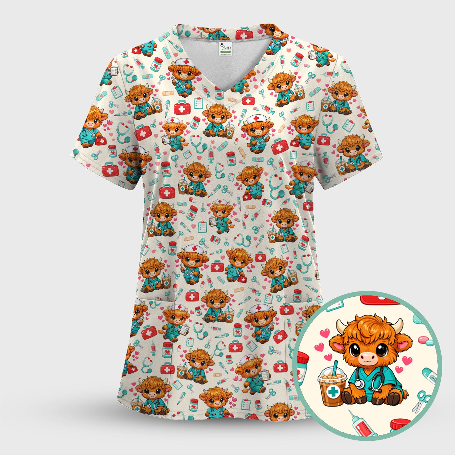 Cute Highland Cow Nurse Scrub Top, Kawaii Medical Pattern Shirt, Breat ...