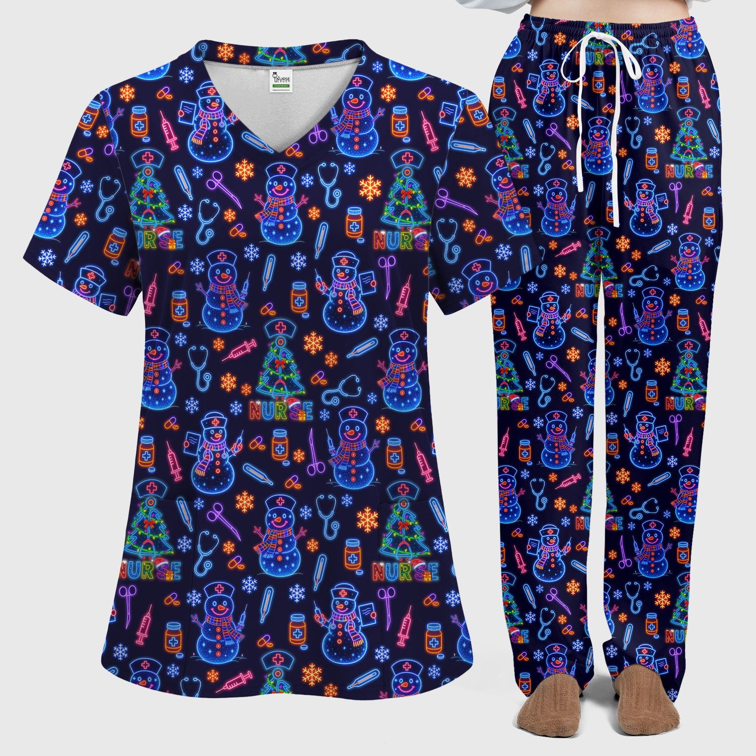 Christmas Santa Pattern Scrub Set - Neon Glow Holiday Nurse Scrubs for ...