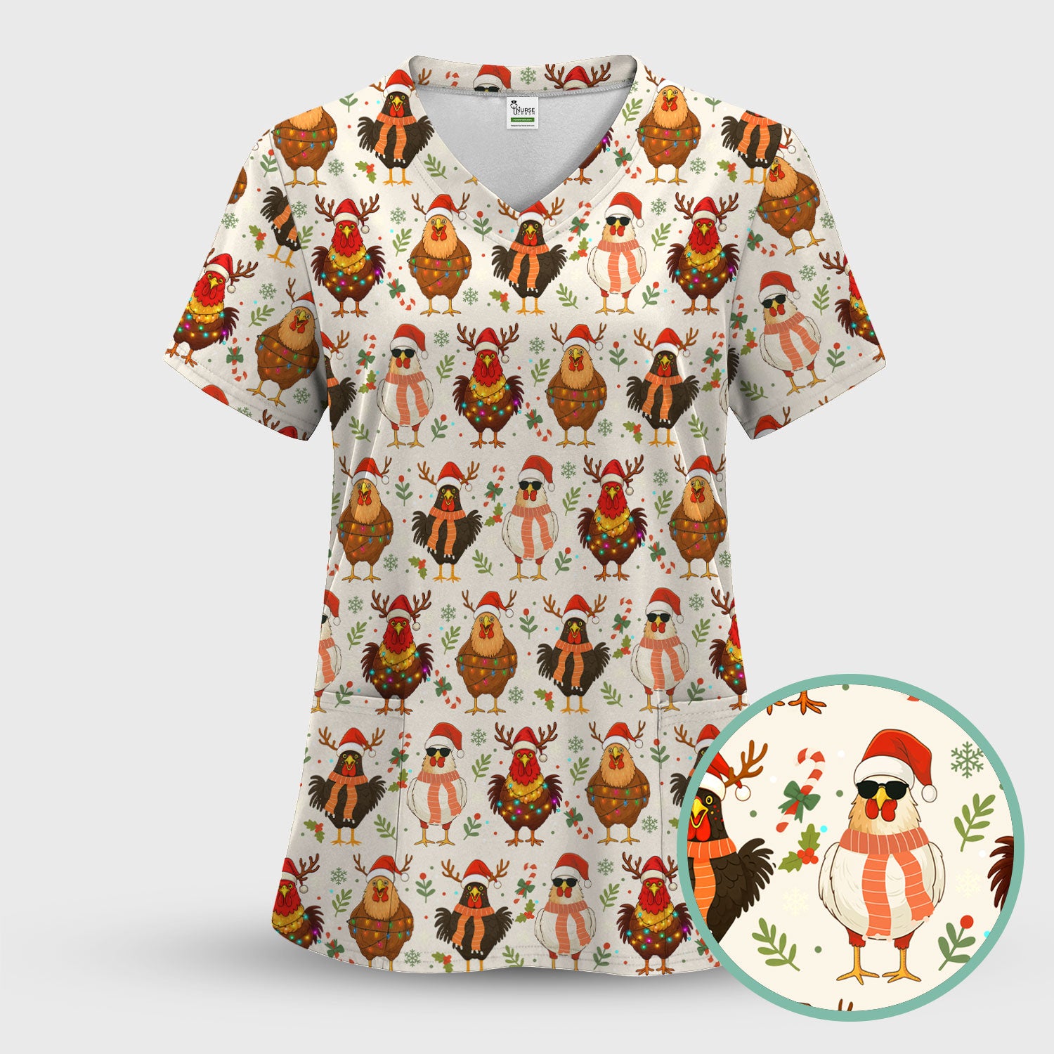 Christmas Chicken Scrub Tops for Women - Funny Holiday Hen Pattern Med ...