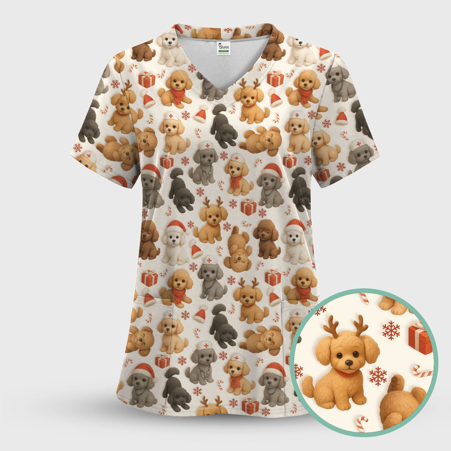 Poodle Scrubs Christmas Edition - Cute Dog Pattern Medical Scrub Top f ...