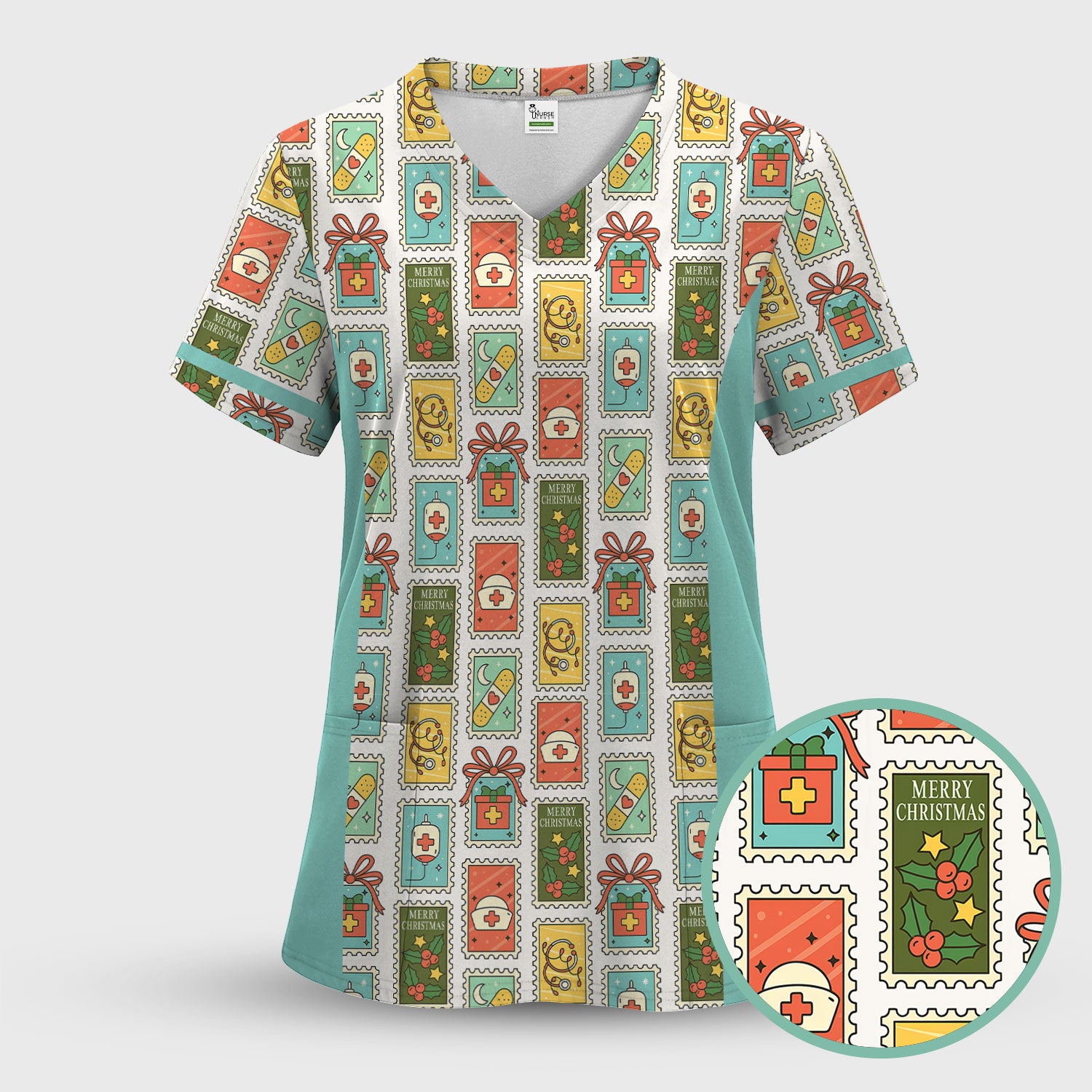 Christmas Scrub Top for Nurses - Retro Medical Gift Stamp Pattern Scru ...