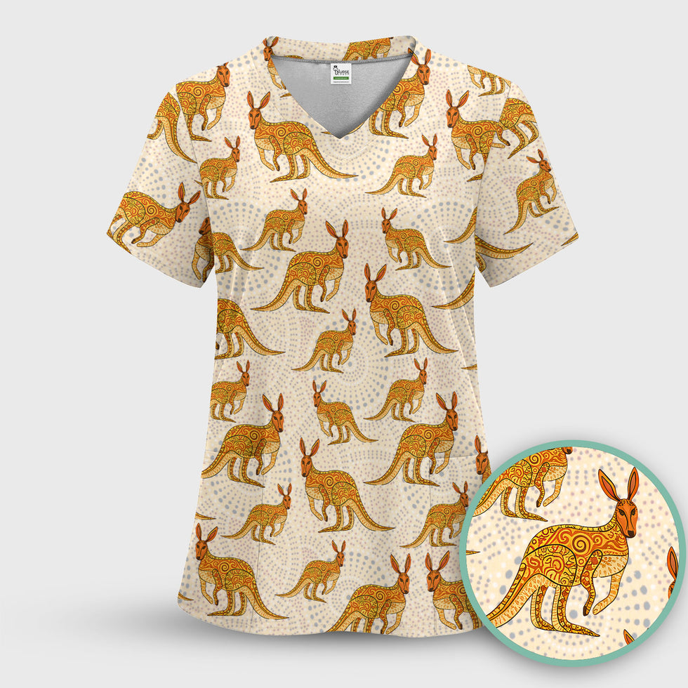 Australian Kangaroo Dot Art Inspired Medical Scrub Top - Women Uniform ...