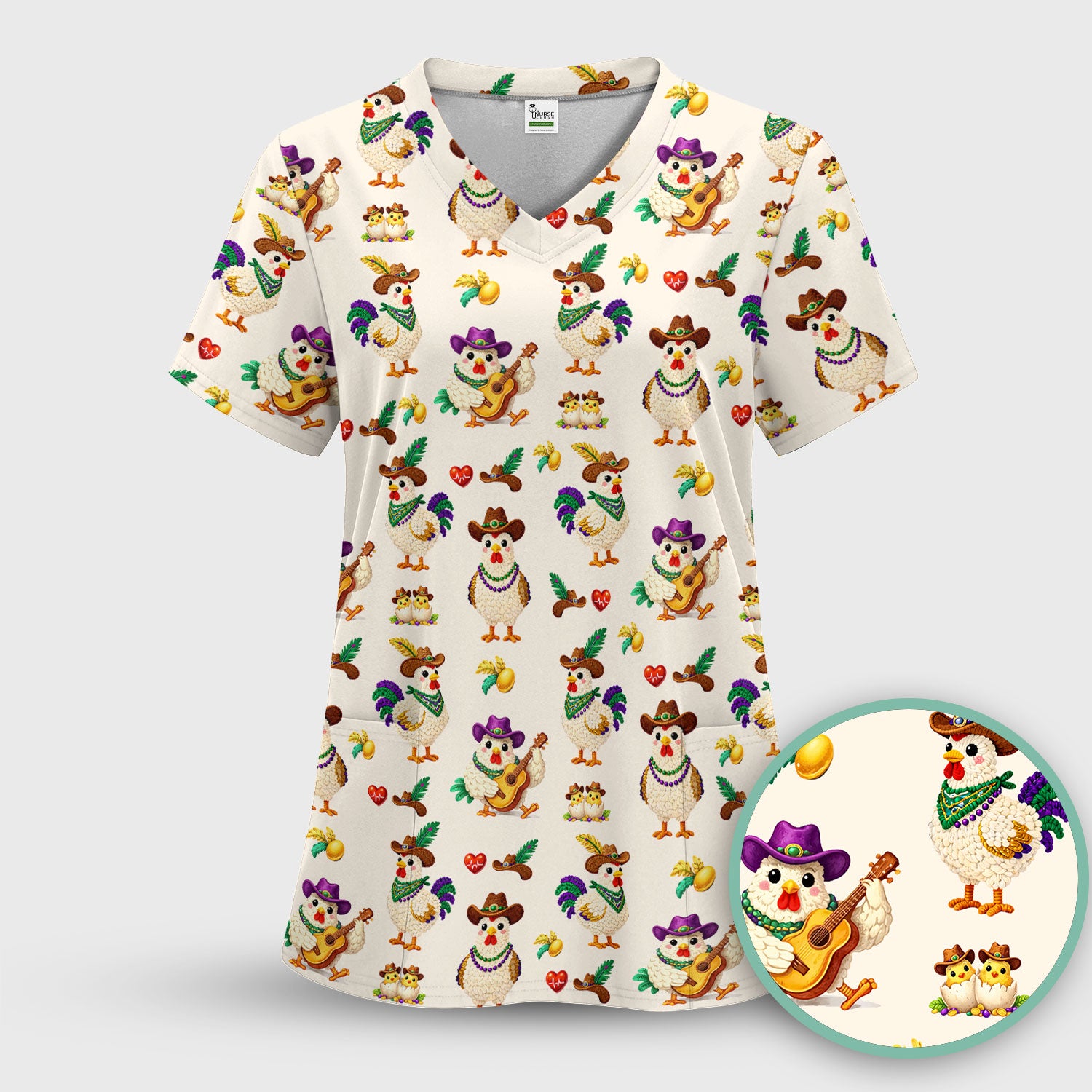 Funny Mardi Gras Rooster Cowboy Print Scrub Top, Comfortable Scrubs fo ...