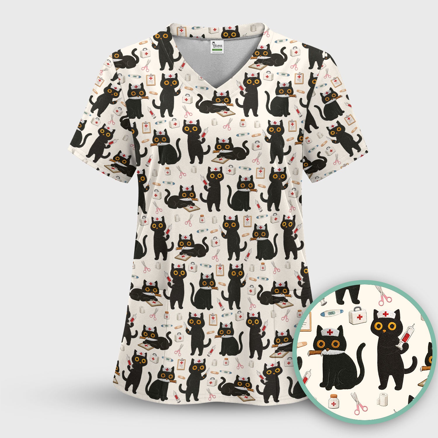 Cute Black Cat Nurse Pattern Scrub Top, Comfortable Scrubs for Nurses ...