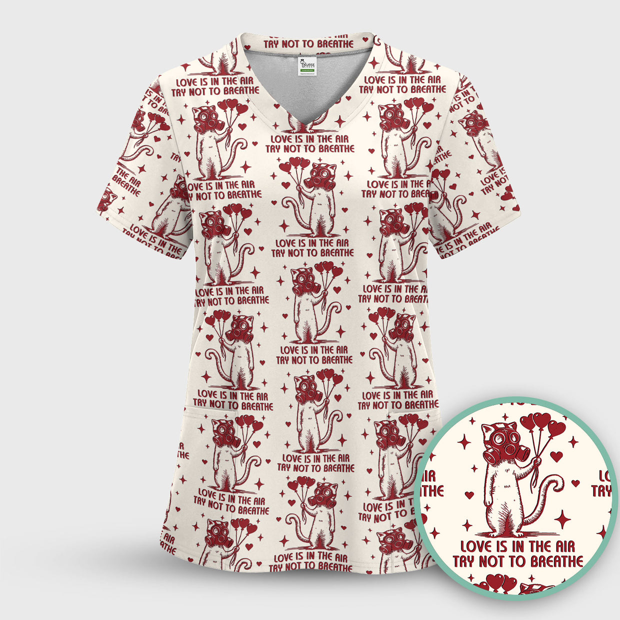 Gas Mask Cat Heart Balloon Valentine Print Scrub Top, Comfortable Scru ...