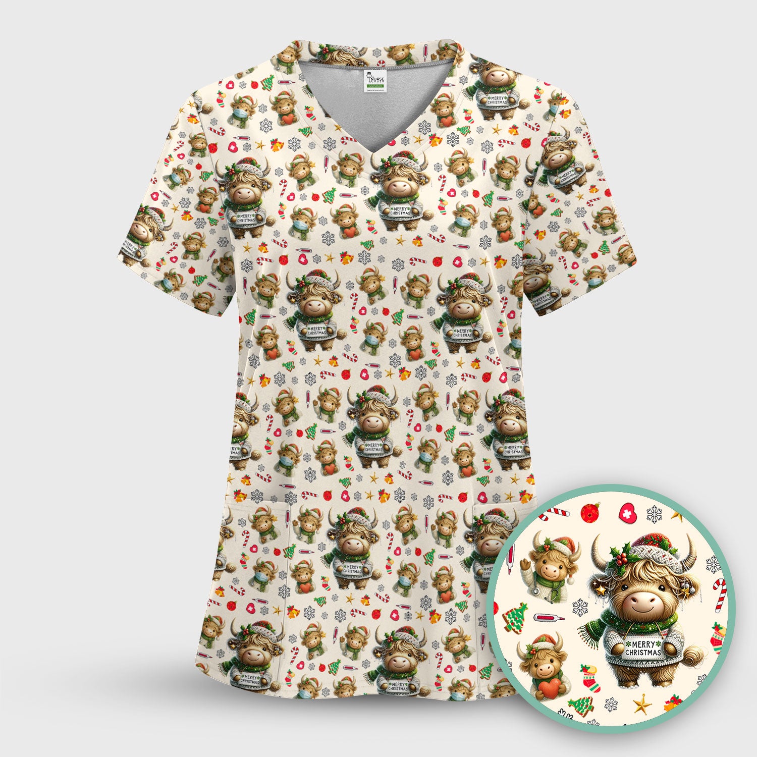 Highland Cow Christmas Scrub Top, Festive Cow Nurse Shirt With Holiday ...
